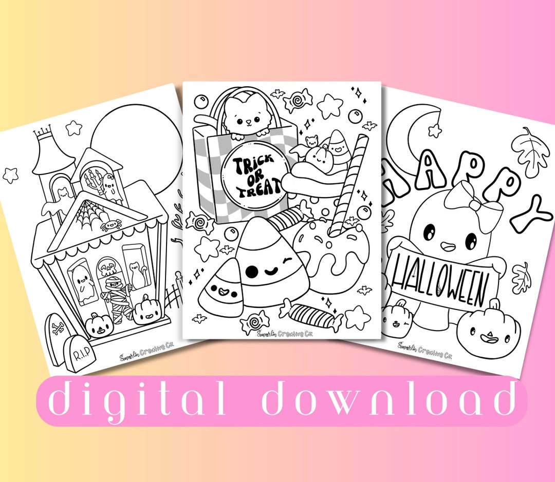 Halloween Coloring Page Bundle, 3 Page Printable Activity, Cute ...