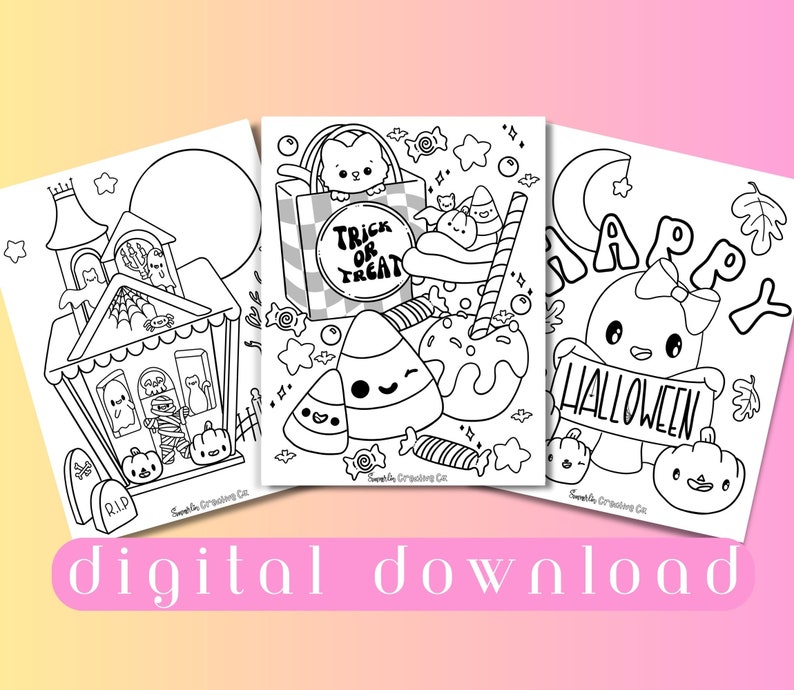 Halloween Coloring Page Bundle, 3 Page Printable Activity, Cute ...