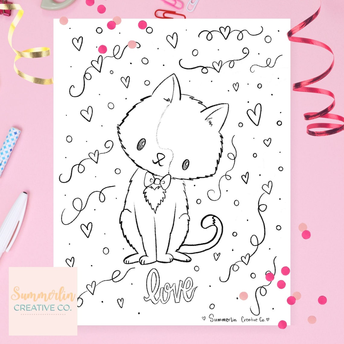 Cat Coloring Page Valentine's Day Coloring Page Printable Coloring ...