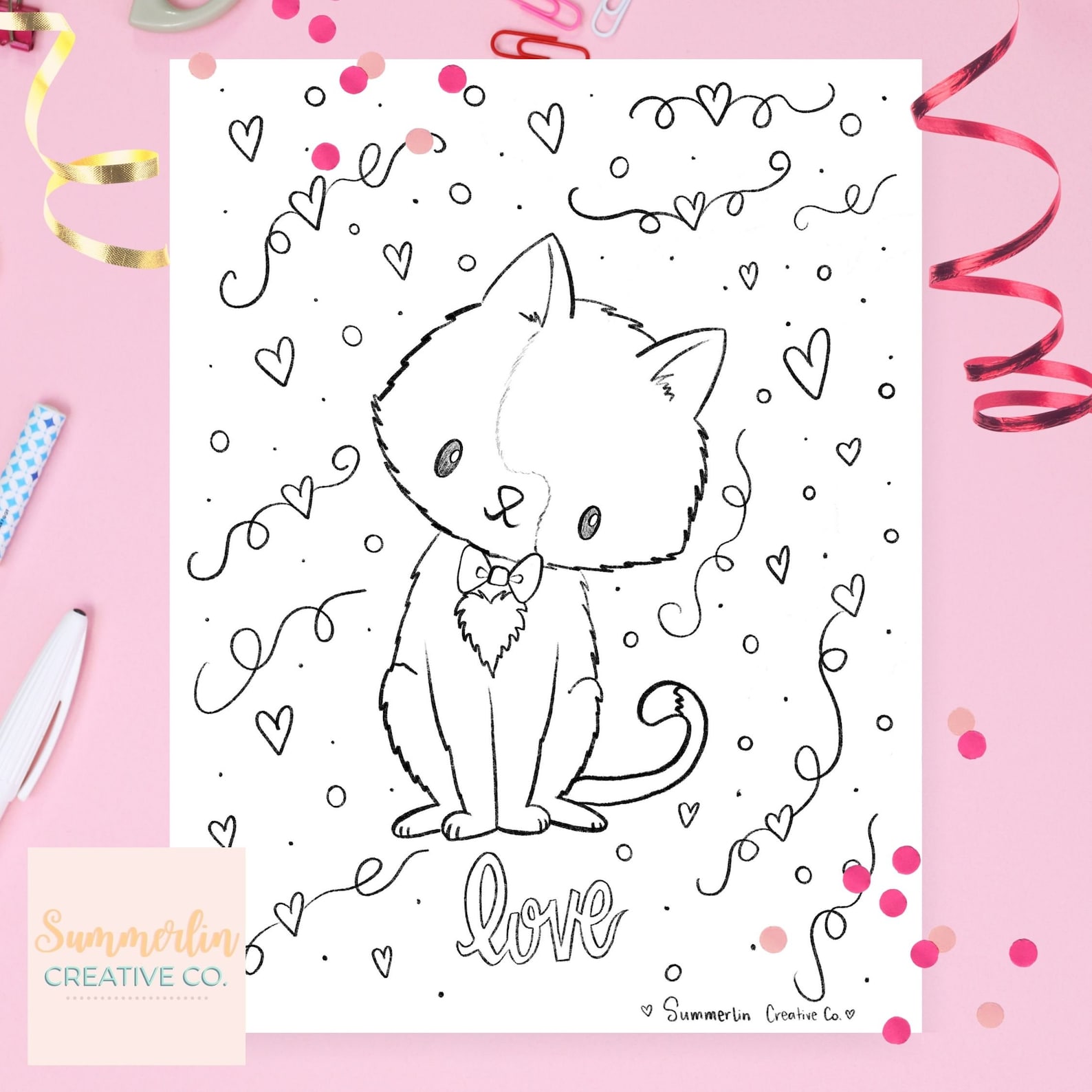 Cat Coloring Page Valentine's Day Coloring Page Printable Coloring ...