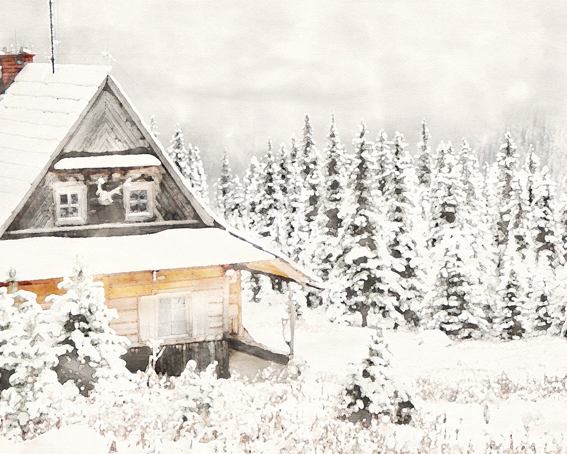 Cabin in the Snow Watercolor Printable Art Winter Scene - Etsy