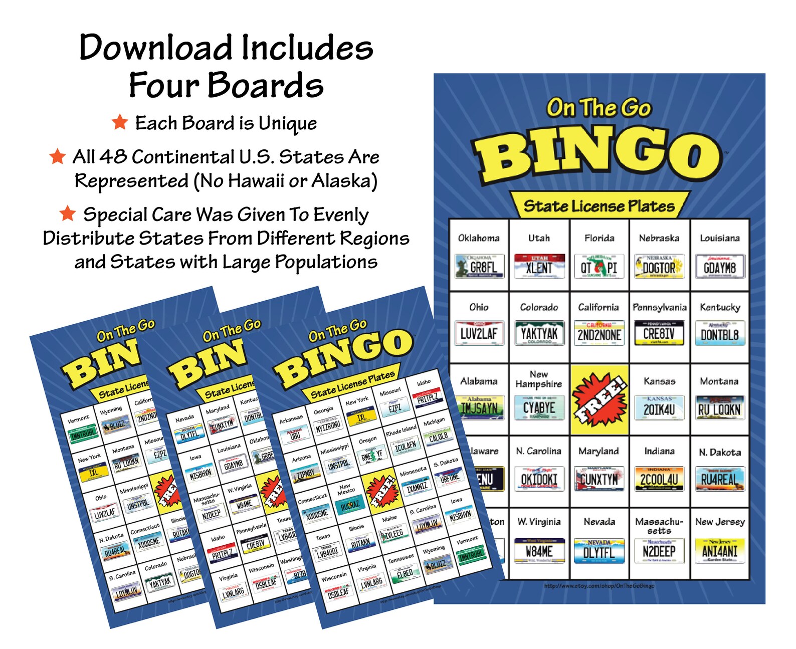 US State Vanity License Plate Bingo Board - 4 Unique Boards - Instant ...