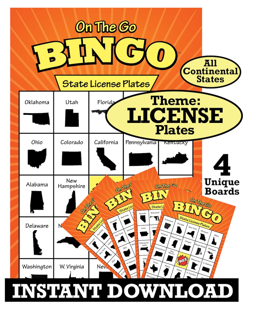 License Plate Travel Bingo Game - 48 States of Continental US - 4 ...