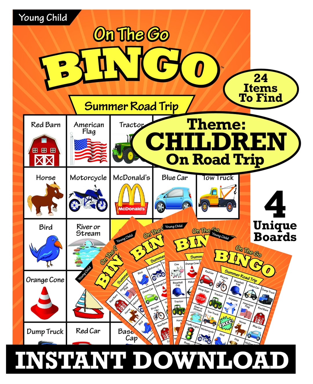 Young Child Travel Bingo - Summer Road Trip - 4 Unique Bingo Boards ...
