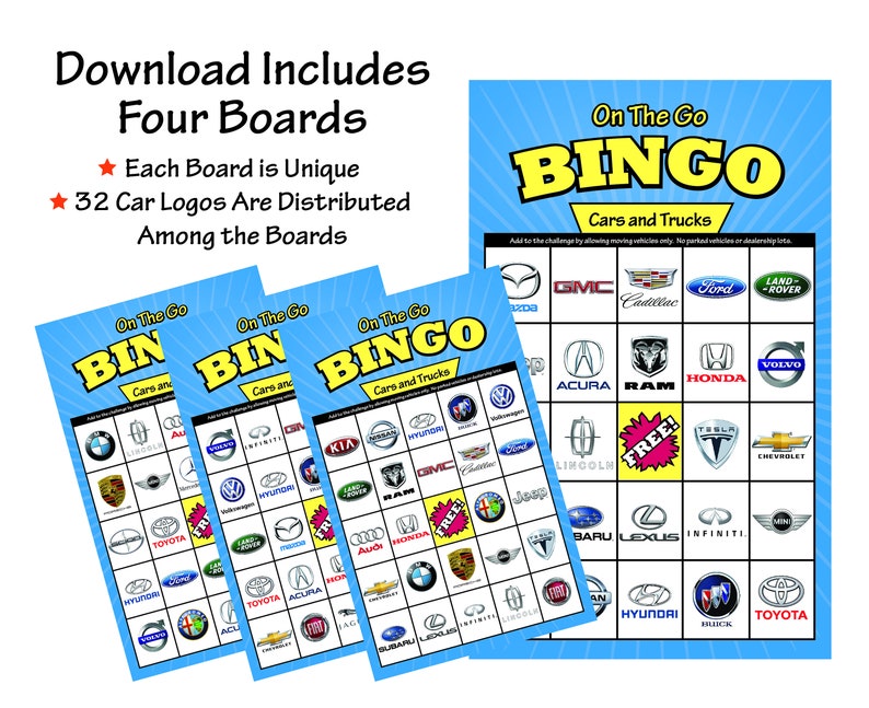 Car-themed Travel Bingo Board - 4 Unique Boards - Instant Download ...