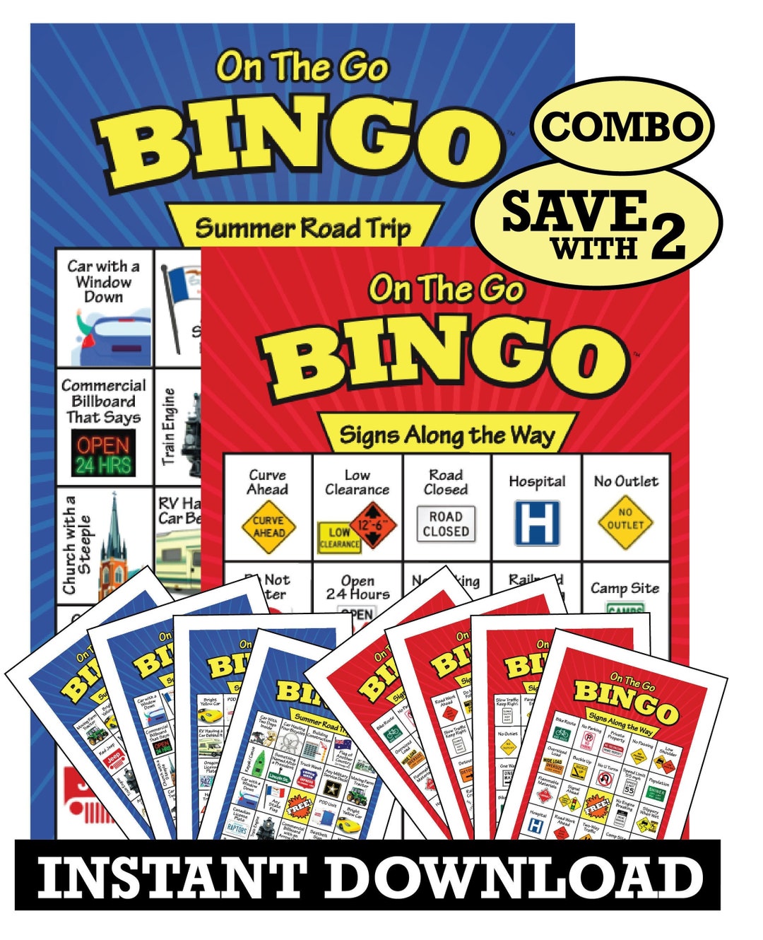 Travel Bingo Combo - Summer Road Trip and Roadside Signs - 4 Unique ...