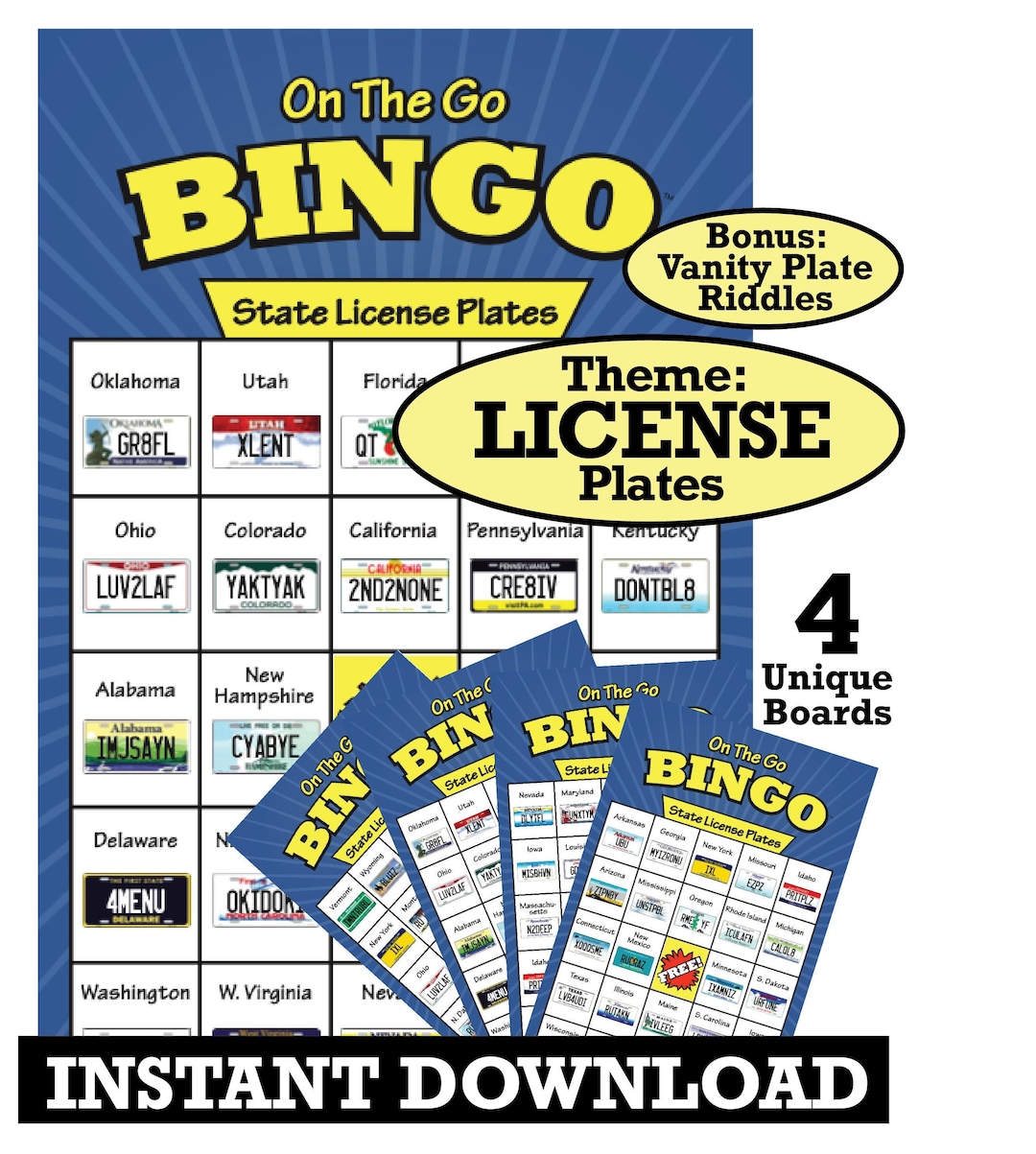 US State Vanity License Plate Bingo Board - 4 Unique Boards - Instant ...