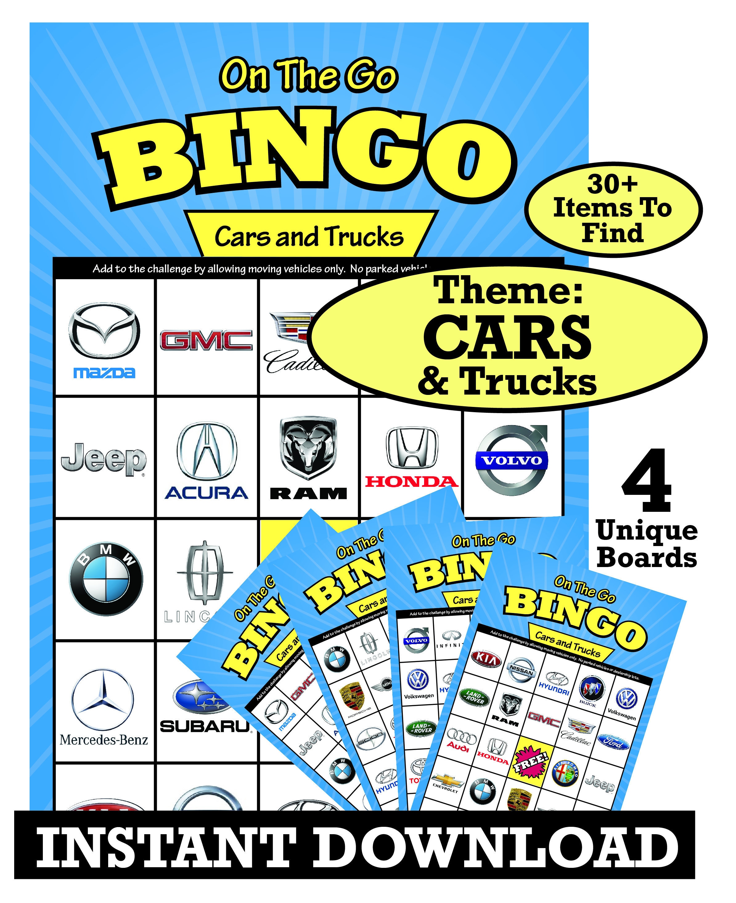 Car-themed Travel Bingo Board - 4 Unique Boards - Instant Download ...
