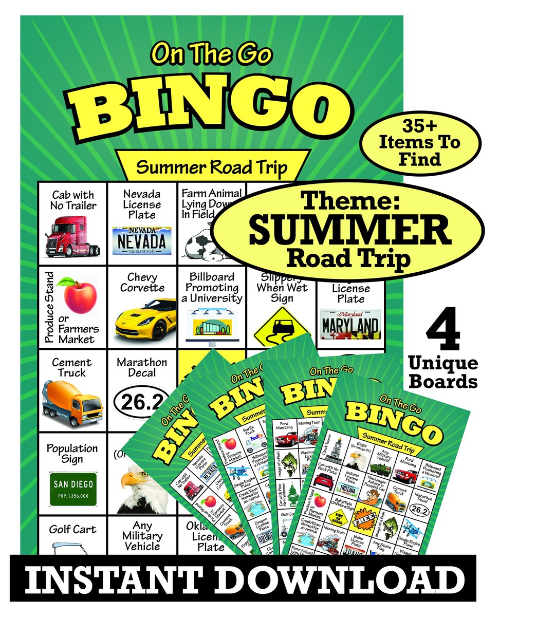 Summer Road Trip - Travel Bingo Board - 4 Unique Boards - Instant ...