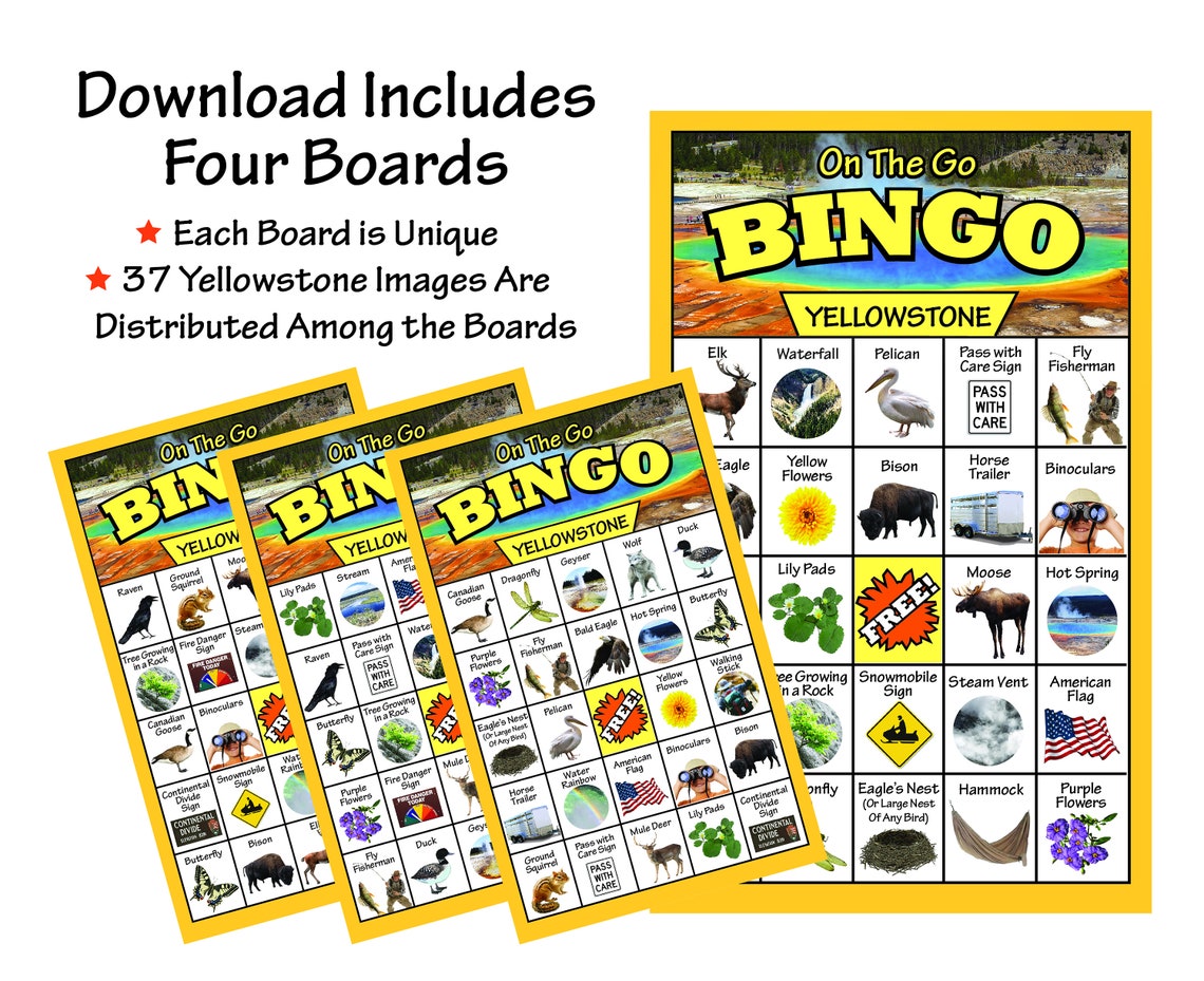 Yellowstone Travel Bingo - 4 Unique Boards - Instant Download - Fun ...