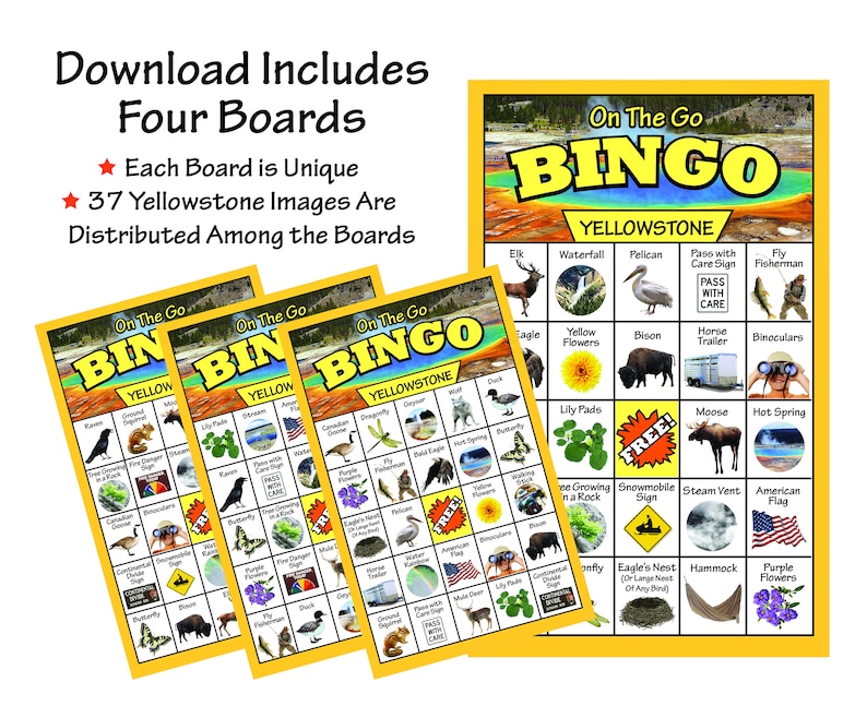Yellowstone Travel Bingo - 4 Unique Boards - Instant Download - Fun ...
