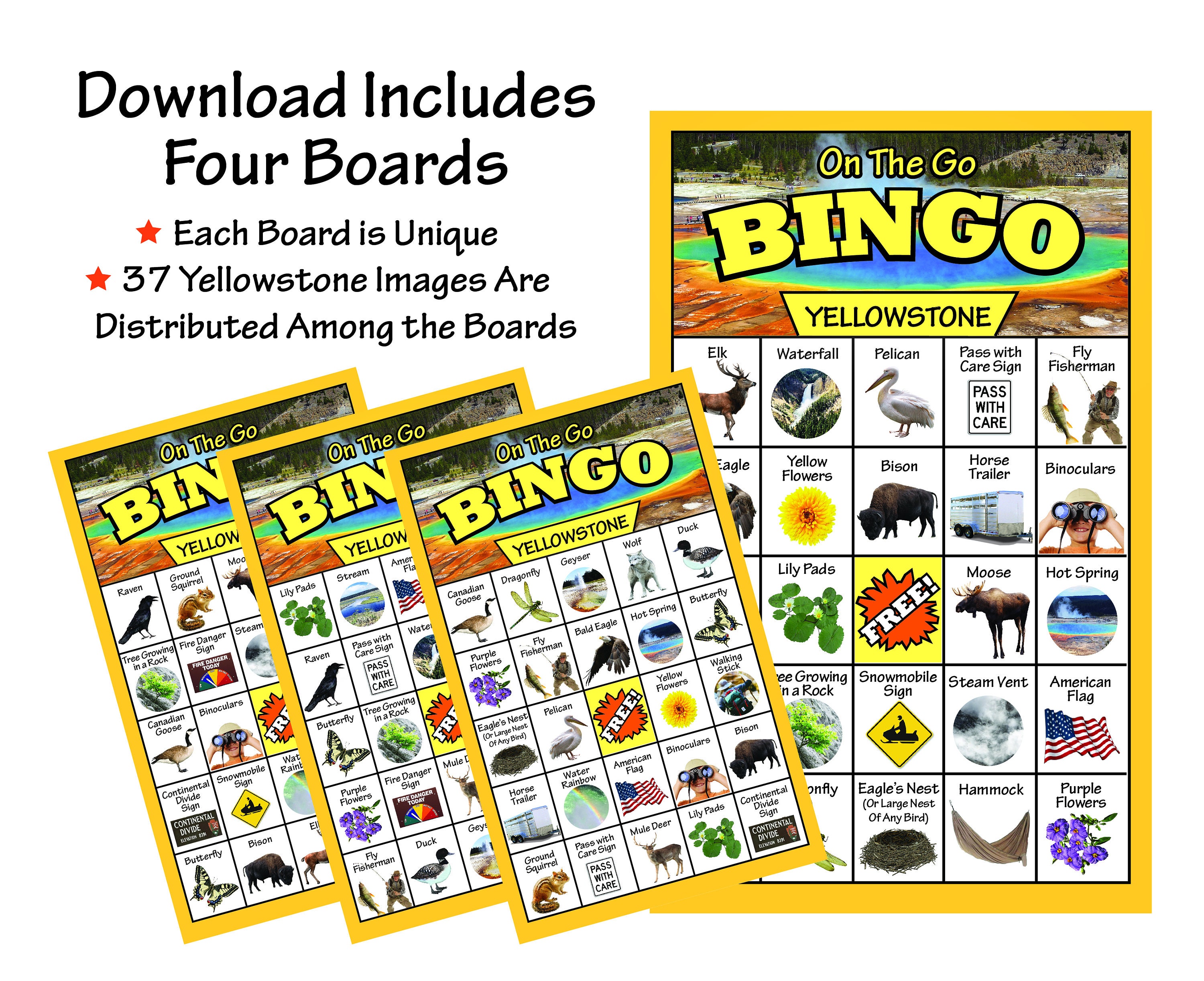 Yellowstone Travel Bingo - 4 Unique Boards - Instant Download - Fun ...