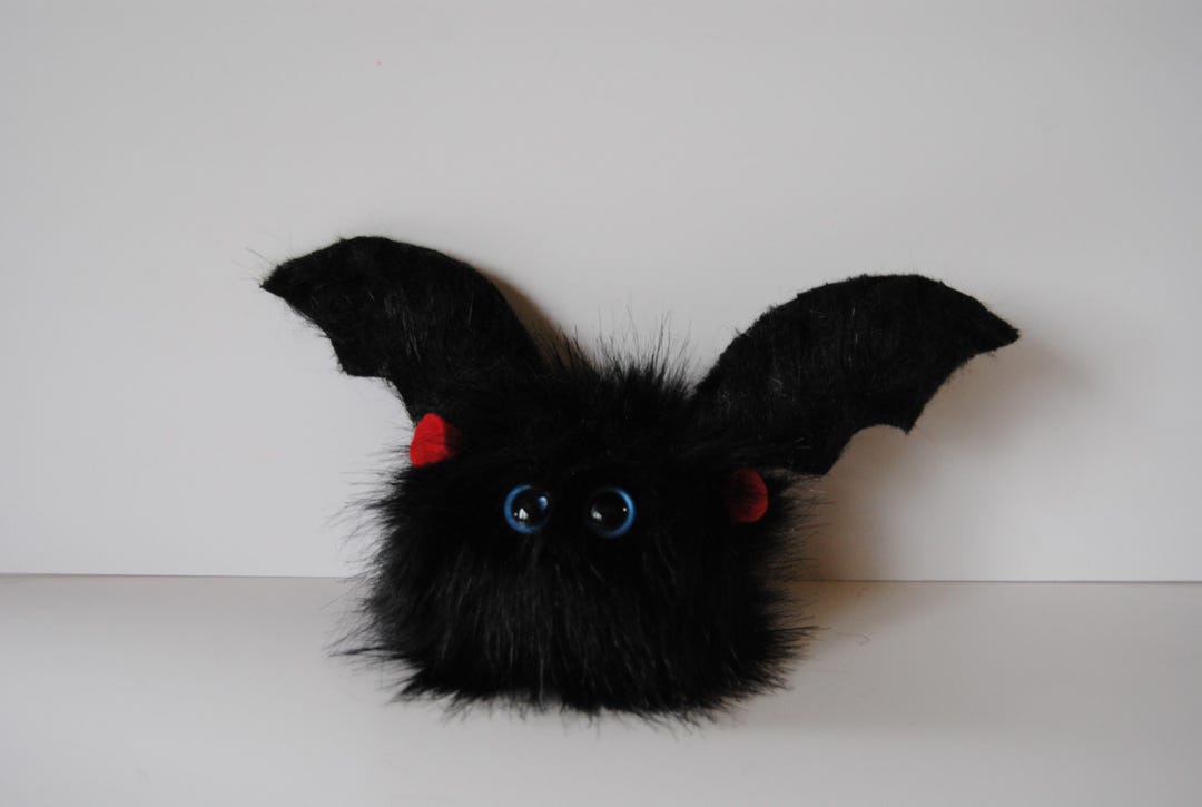 Pom Stuffed Bat, Kawaii Plushie, Bat Black Fluffy Faux Fur, Pom Bat ...