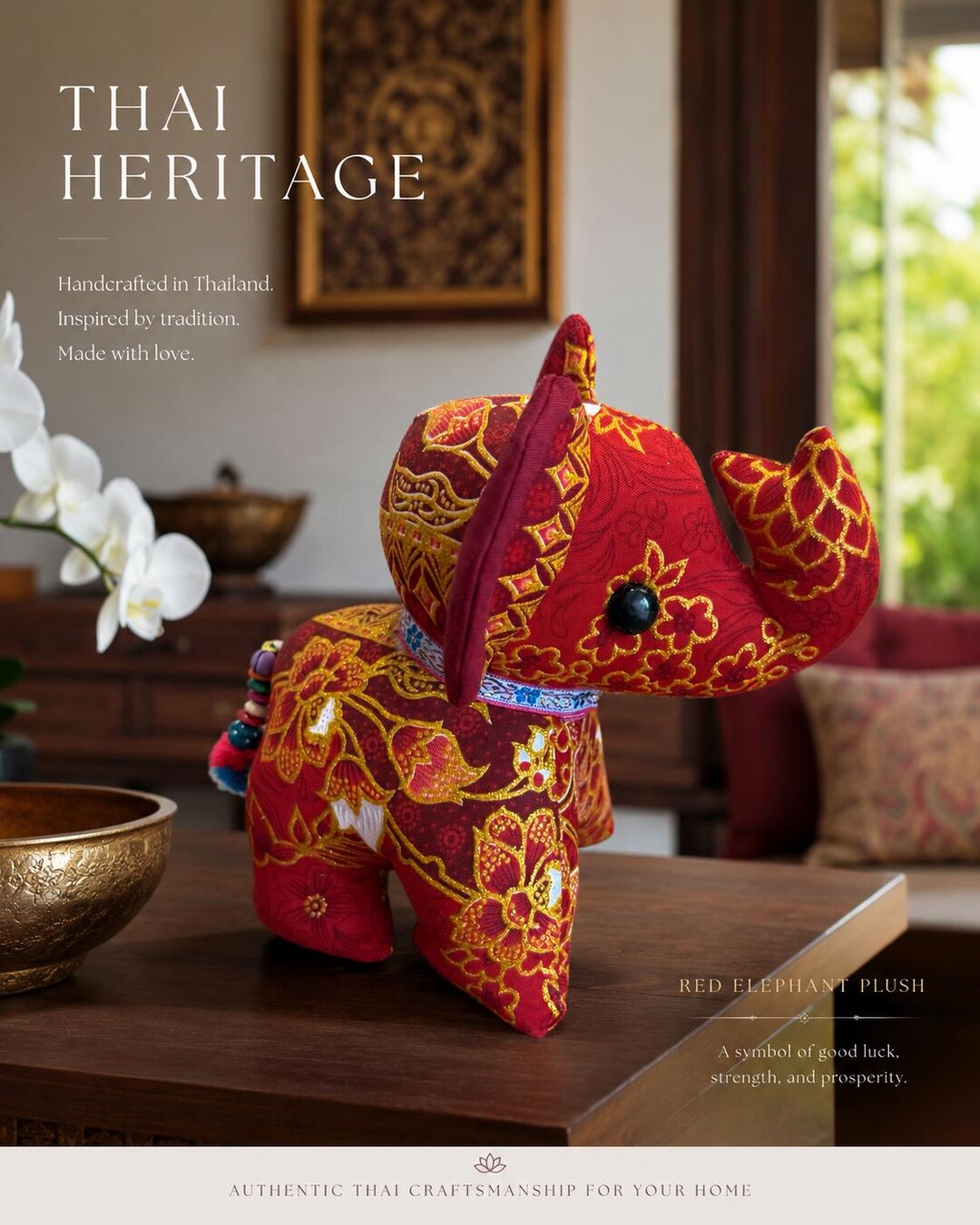 Red & Gold Thai Elephant Plush Toy Handmade Thailand Collectible Decor ...