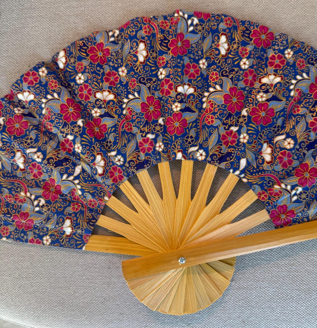 Thai Bamboo Floral Hand Fan - Blue, Red, and White - Etsy