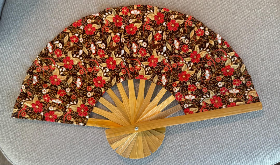 Thai Bamboo Floral Hand Fan - White, Gold, and Brown - Etsy