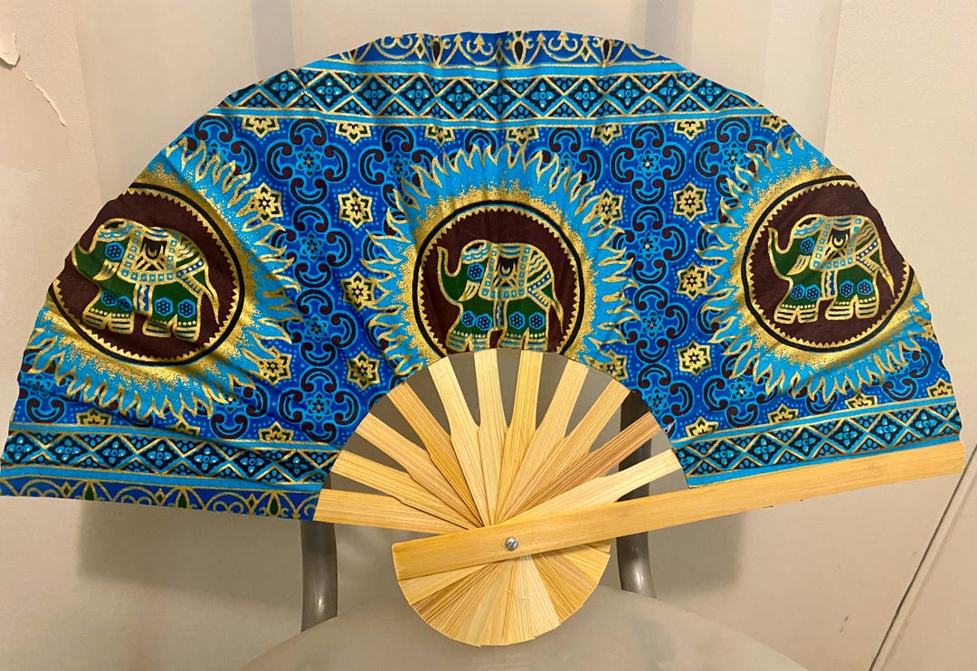 Thai Elephant Fan, Blue Brown Bamboo Folding Hand Fan - Etsy UK