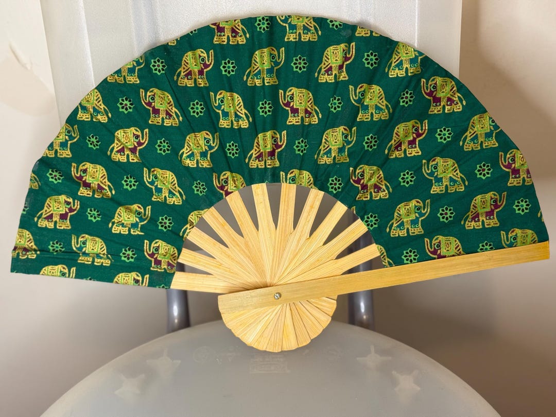 Thai Elephant Fan: Green Bamboo Cloth, Summer Wedding Decor - Etsy