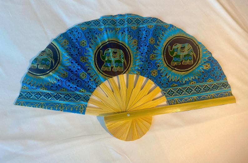 Thai Elephant Fan, Blue Brown Bamboo Folding Hand Fan - Etsy UK