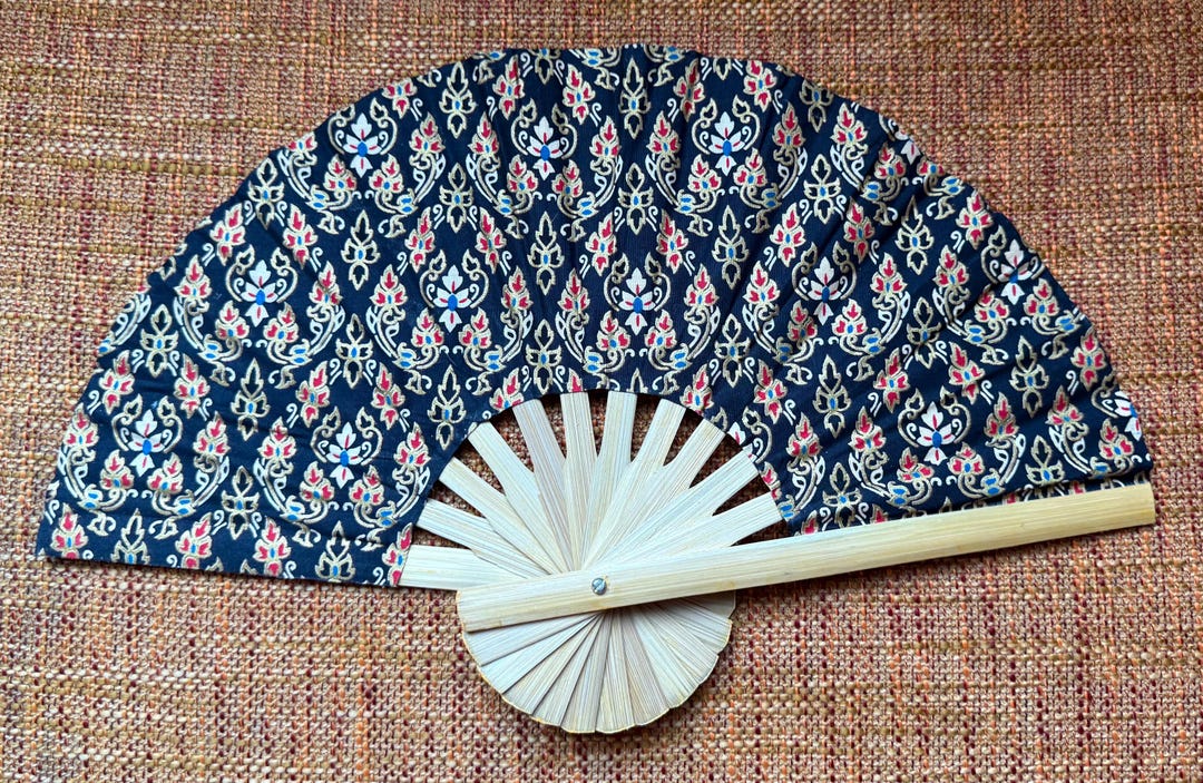 Thai Folding Hand Fan, Black Geometric Print - Etsy