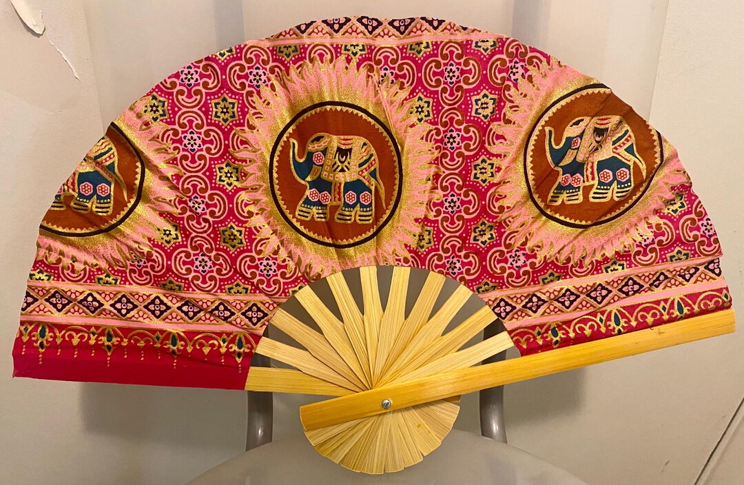 Thai Elephant Fan, Pink & Gold Bamboo Folding Hand Fan - Etsy