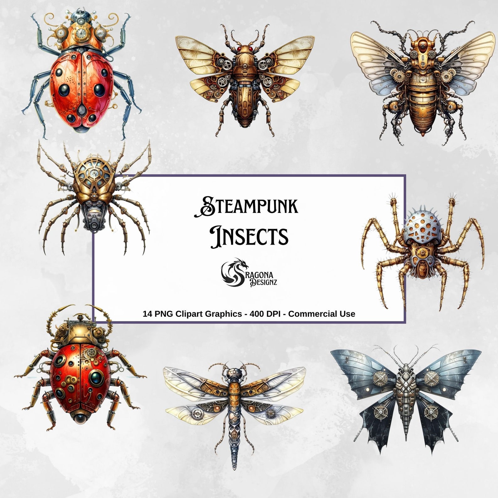 Steampunk Insects Clipart Bundle 14 PNG Victorian Bugs Graphics for ...