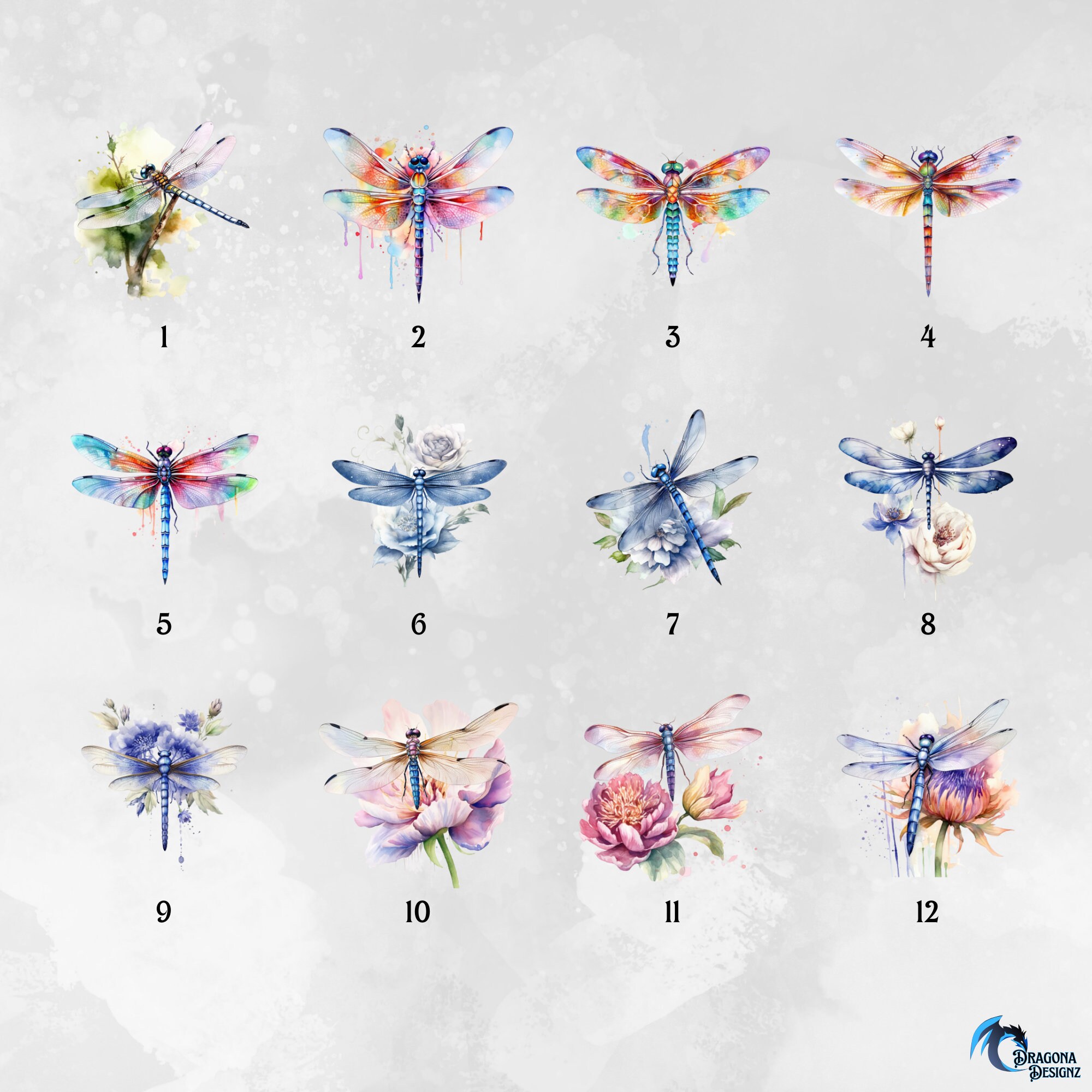 Watercolor Dragonfly Clipart: 20 PNG Graphics for Scrapbooking (digital ...