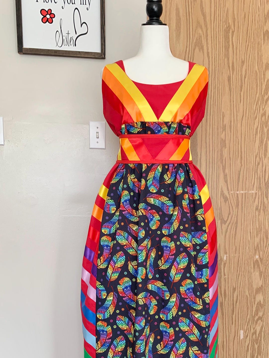 Red Dress With Feather Design Panels, Front and Back - Etsy