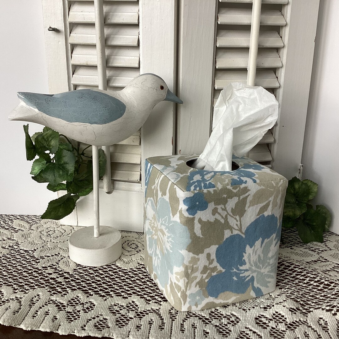 Blue and Beige on White Floral Design Tissue Box Cover. - Etsy