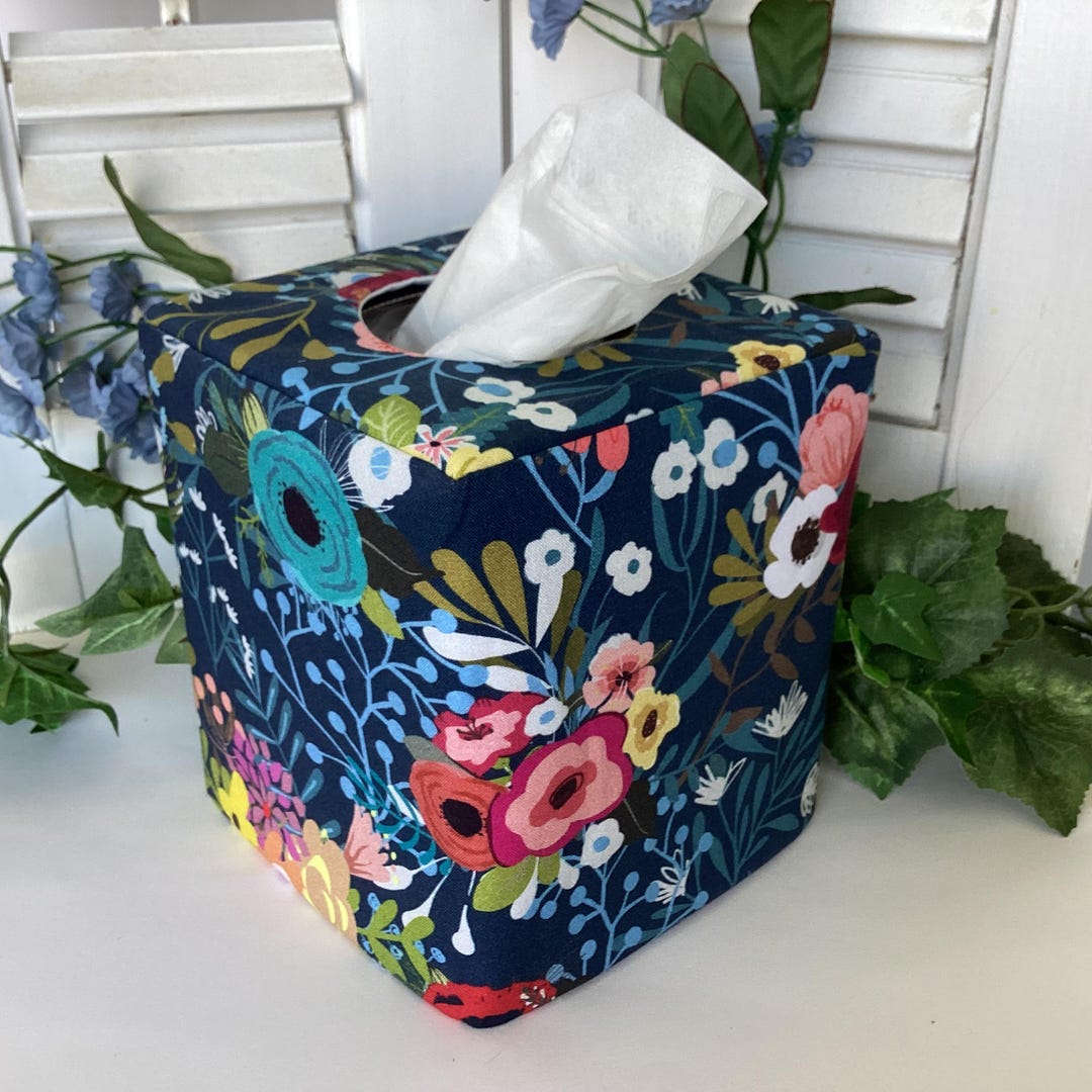 Colorful Flowers on Dark Blue Tissue Box Cover - Etsy