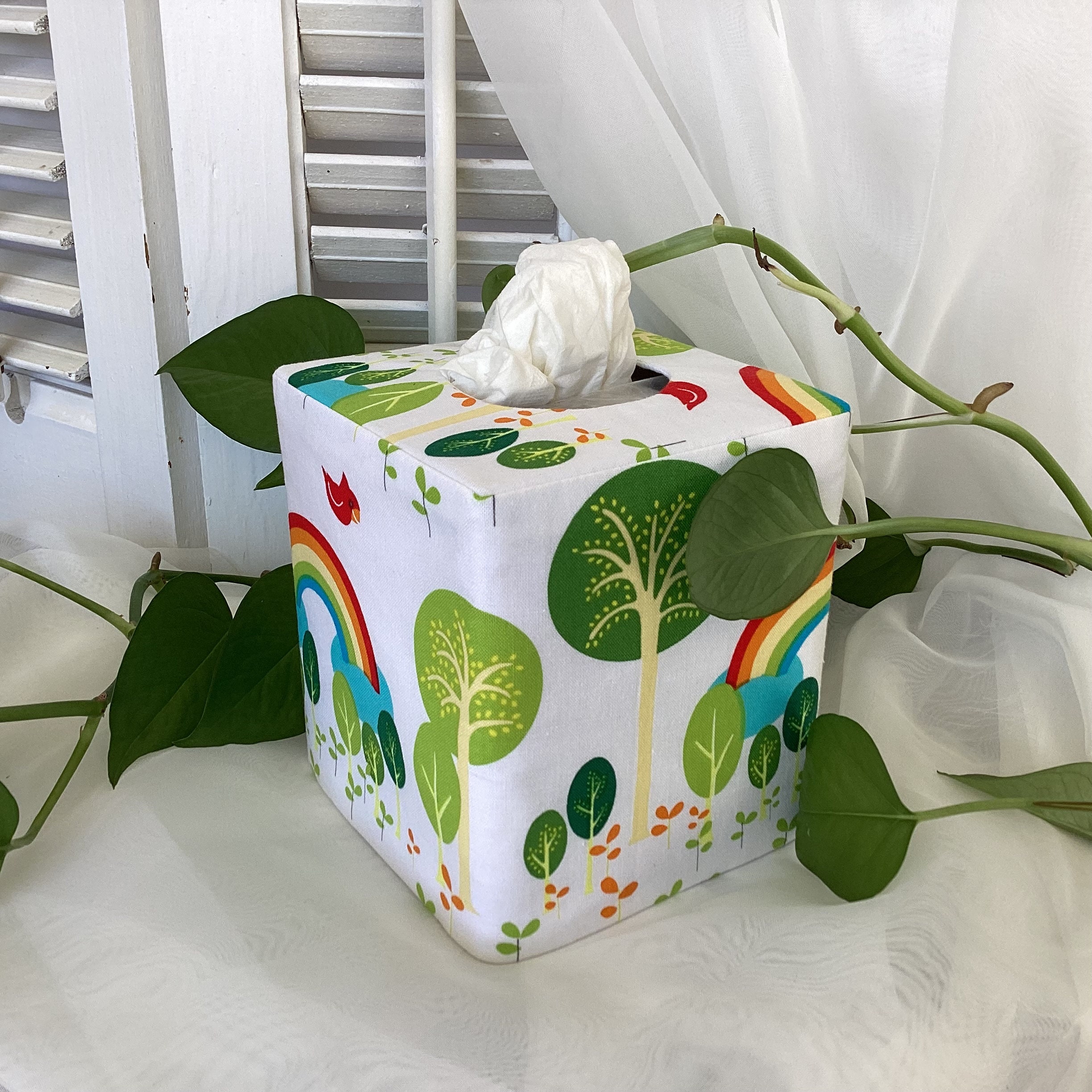 Rainbows and Greenery on Cotton Fabric Tissue Box Cover - Etsy