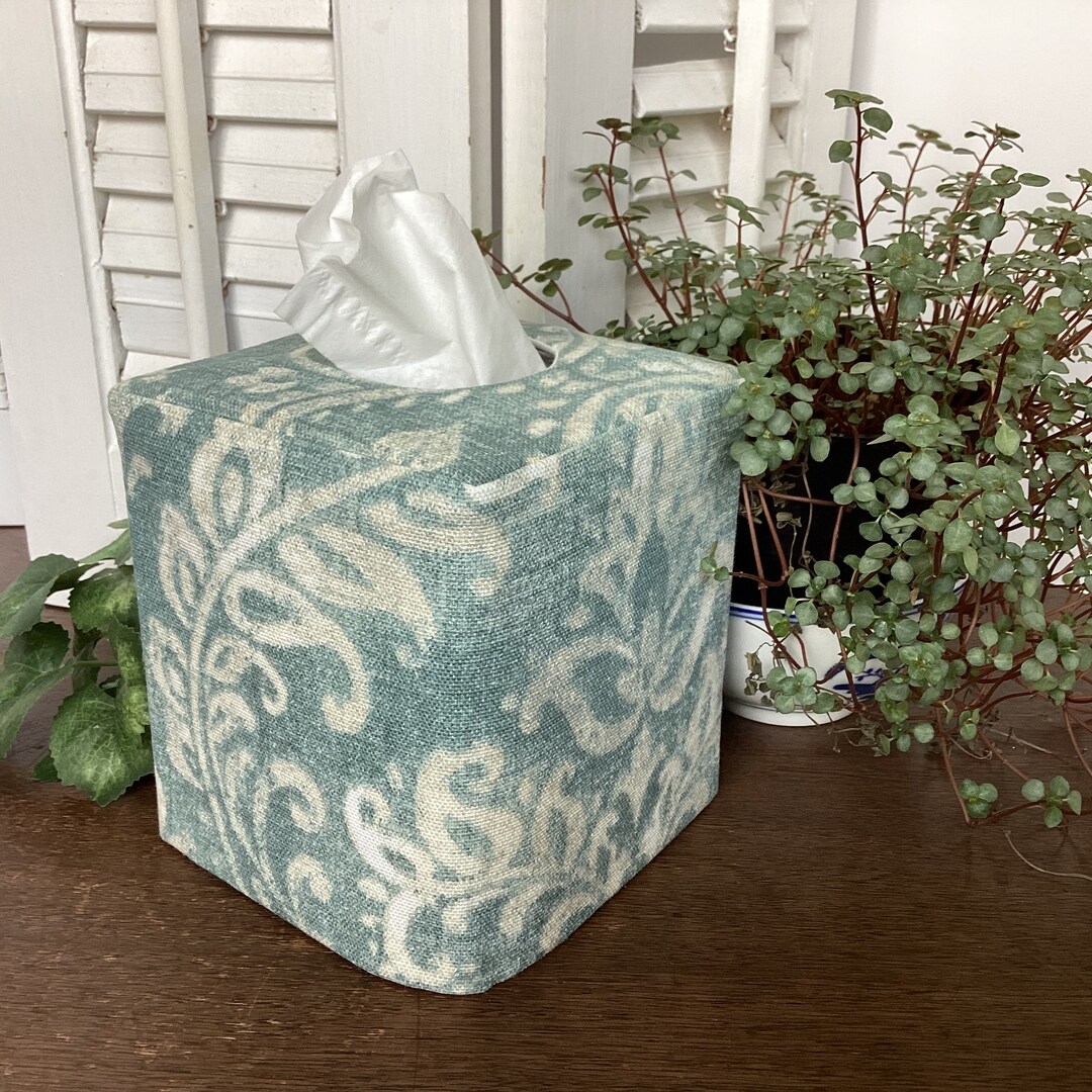 Blue-green and White Linen Weave Tissue Box Cover - Etsy