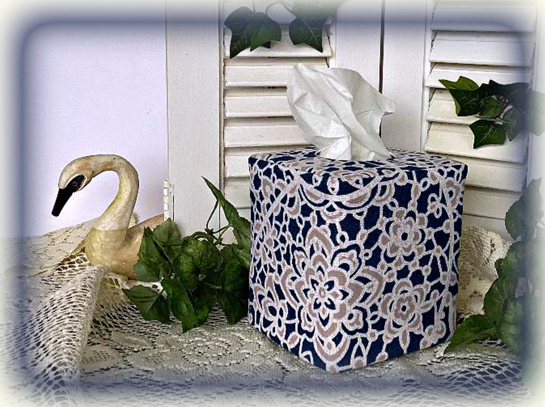 Navy Blue, Beige, and White on Designer Cotton Fabric Tissue Box Cover ...