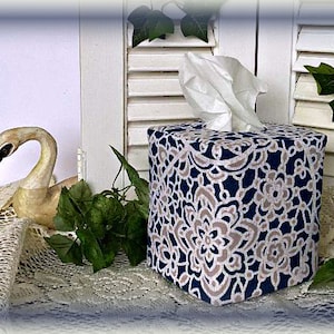 Navy Blue, Beige, and White on Designer Cotton Fabric Tissue Box Cover ...