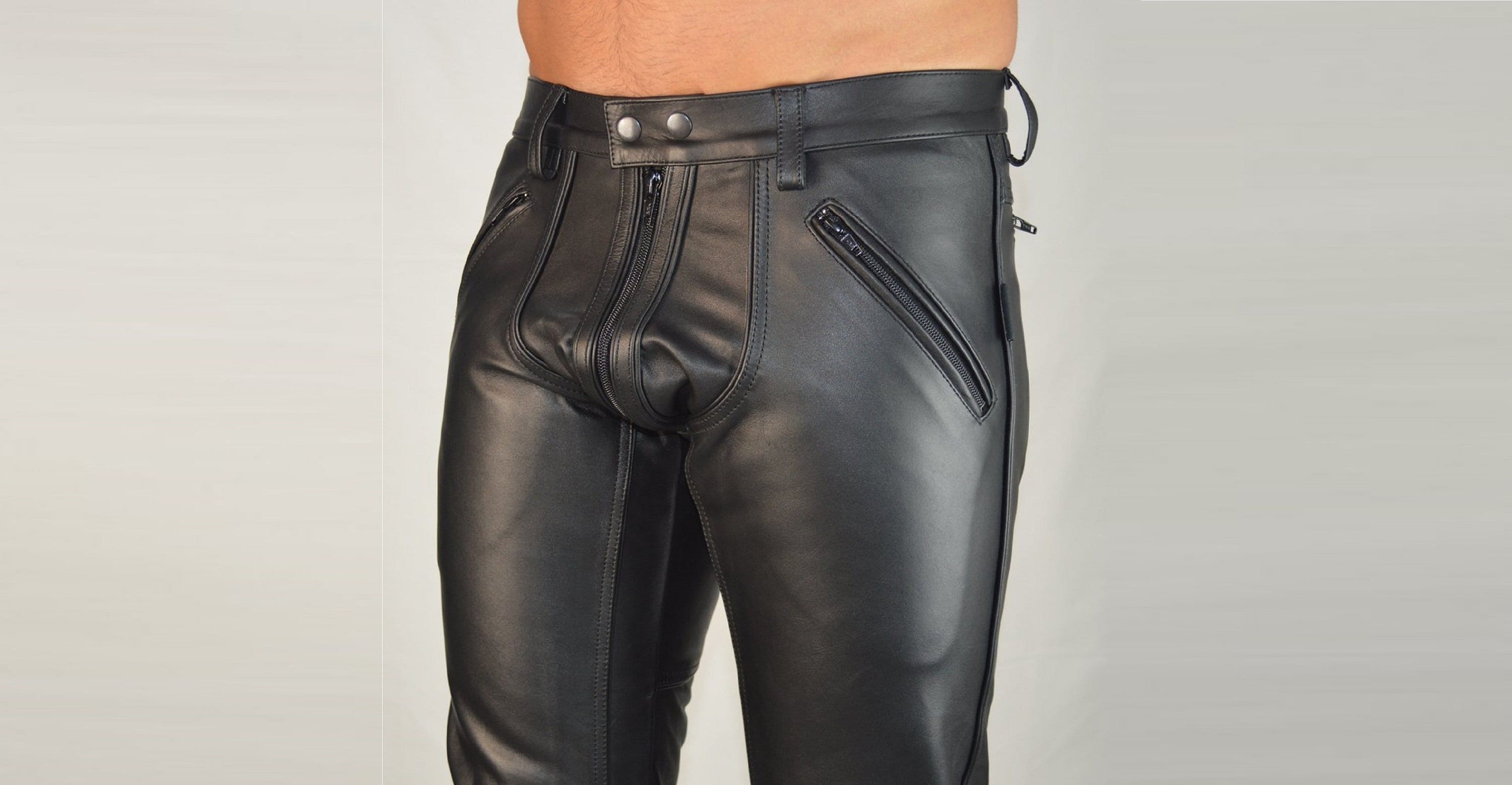 Mens Gay Pants Leather Back Zipper Pants Genuine Sheep Leather Motorcycle Pants Black Leather