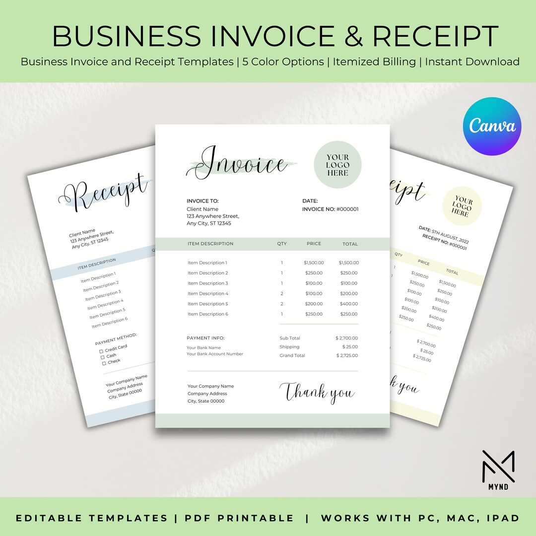 Business Invoice and Receipt Templates | 5 Color Options | Itemized ...