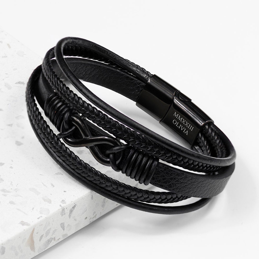 Personalized Men's Infinity Black Leather Stacked Bracelet Custom ...