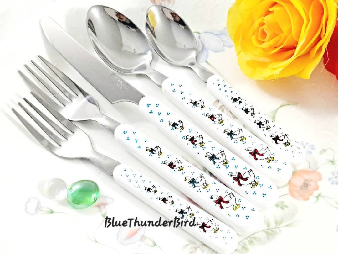 Nib!40pc Stainless Flatware Blue Handle Ribbon Goose Stainless Flatware ...