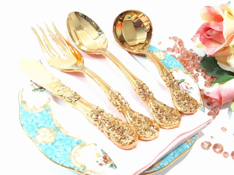 4 Pcs Gold Flatware Rogers French Rose Fancy Flatware Hostess - Etsy