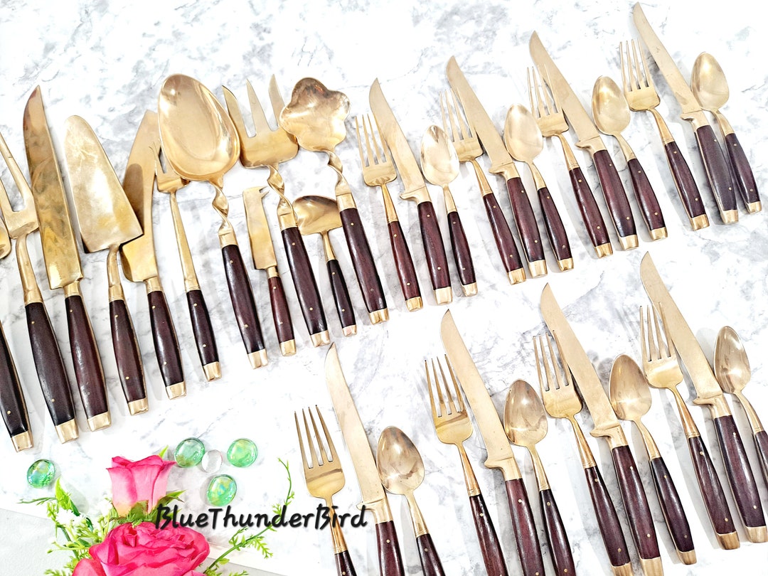 Vintage Mid Century Modern Flatware Brass and Wood Flatware Brass ...