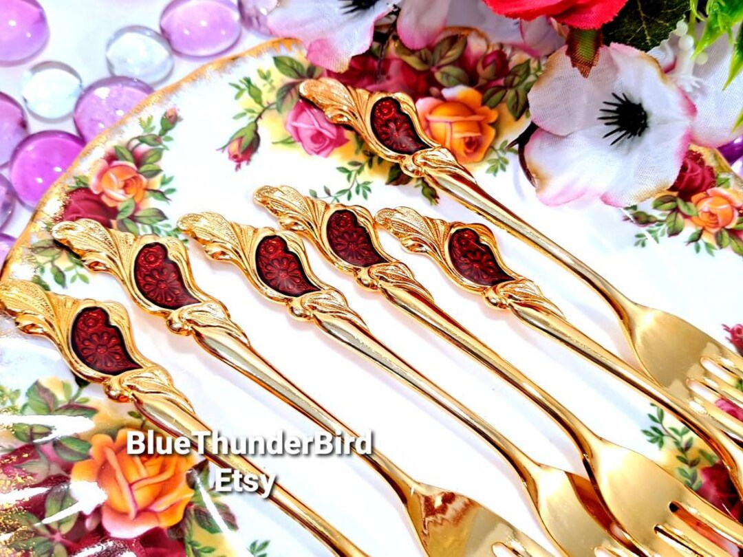 6pcs Demitasse Forks Vintage Red Handle Flatware Stainless Steel Match ...