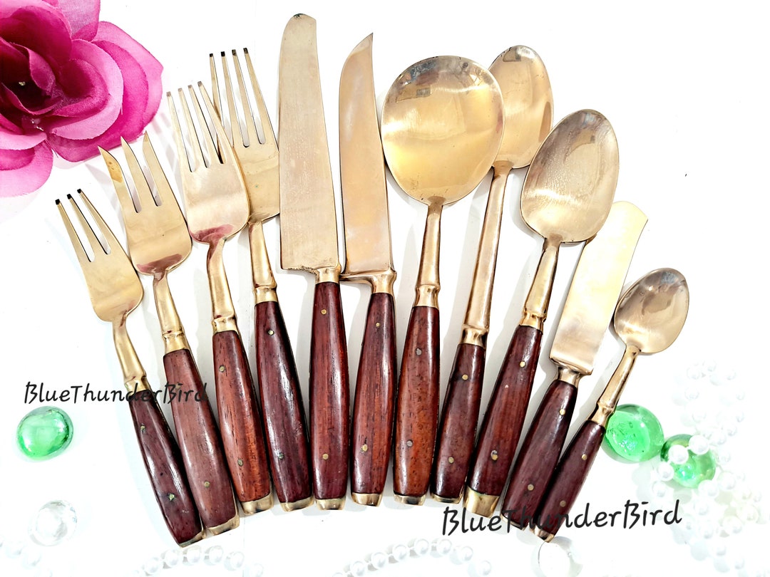 Service for 12 Vintage Mid-century Modern Flatware Brass and Wood ...