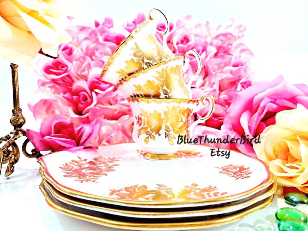 3 Royal Albert Golden Rose Snack Plate and Teacup Set Royal Albert ...