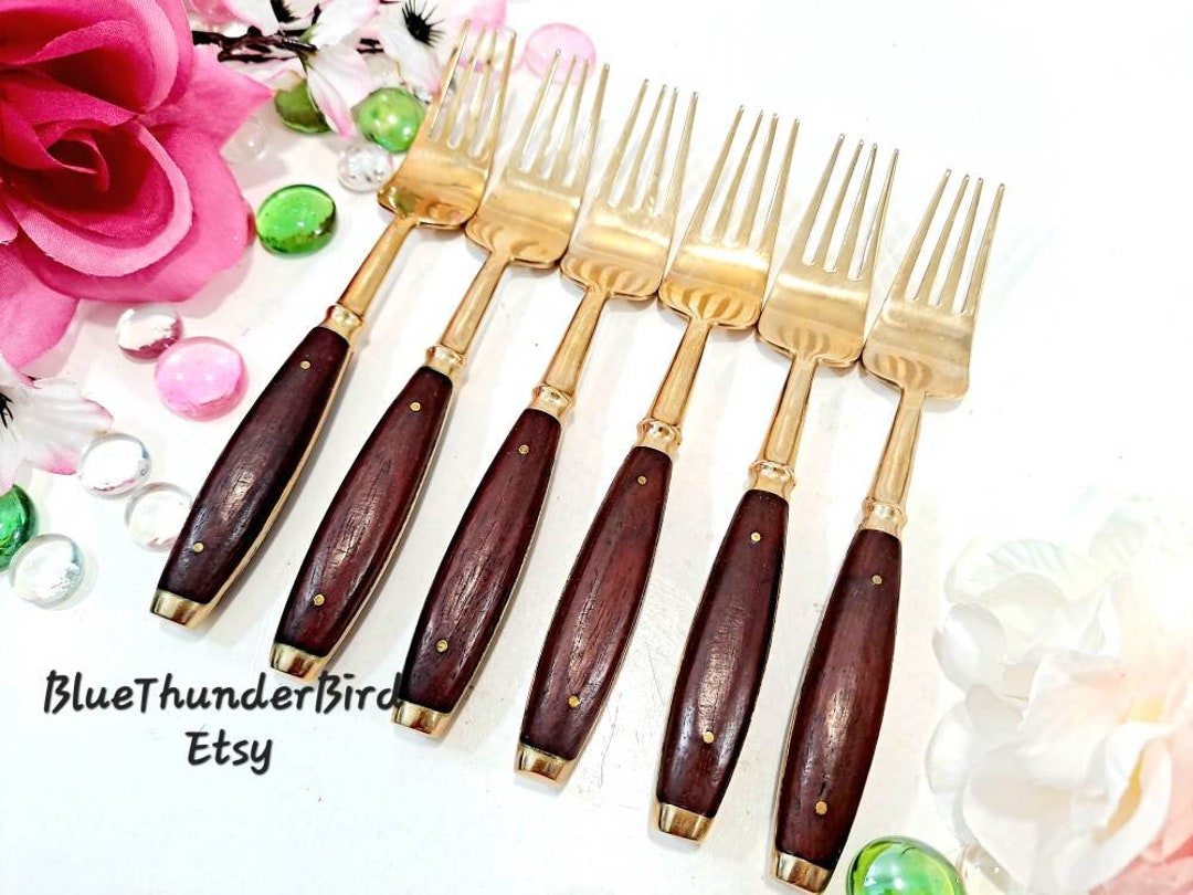 6pcs Vintage Mid-century Modern Flatware Brass and Teak Flatware Salad ...