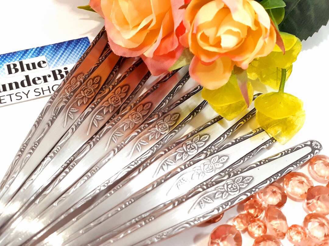NOS!8 Pc Vintage Interpur Rose Tea Spoons Stainless Steel Flatware Mid ...
