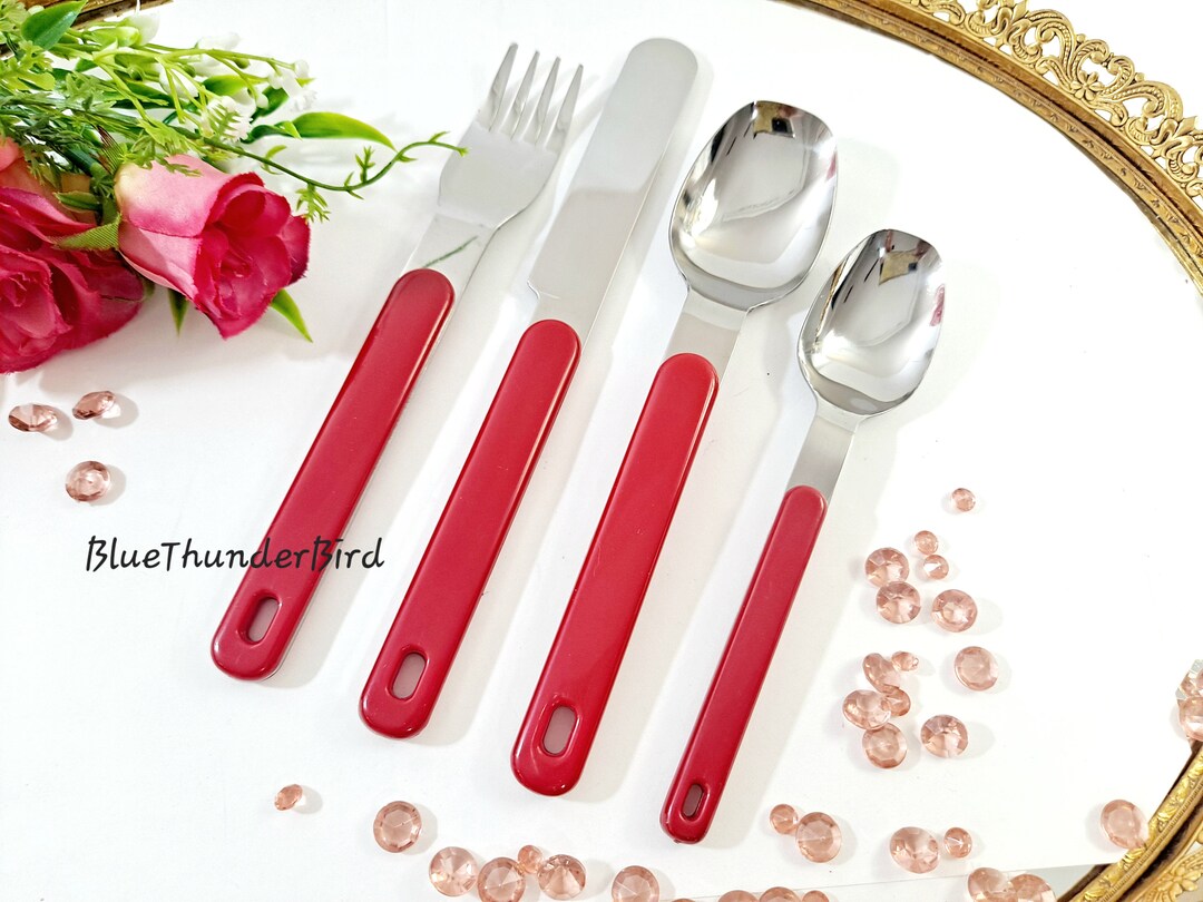 NOS! 24pc Vintage Stainless Steel Flatware Set Red Color Mates ...