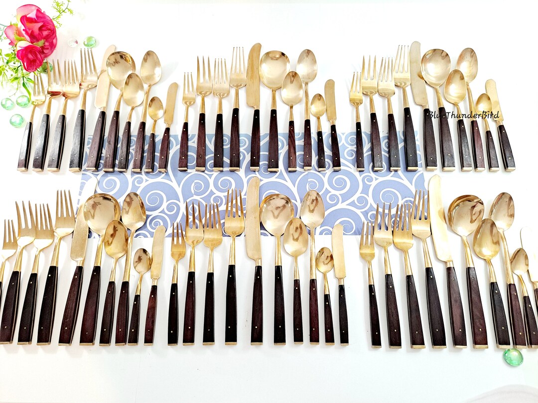 Vintage Brass Flatware Mid-century Modern Flatware Brass and Wood ...