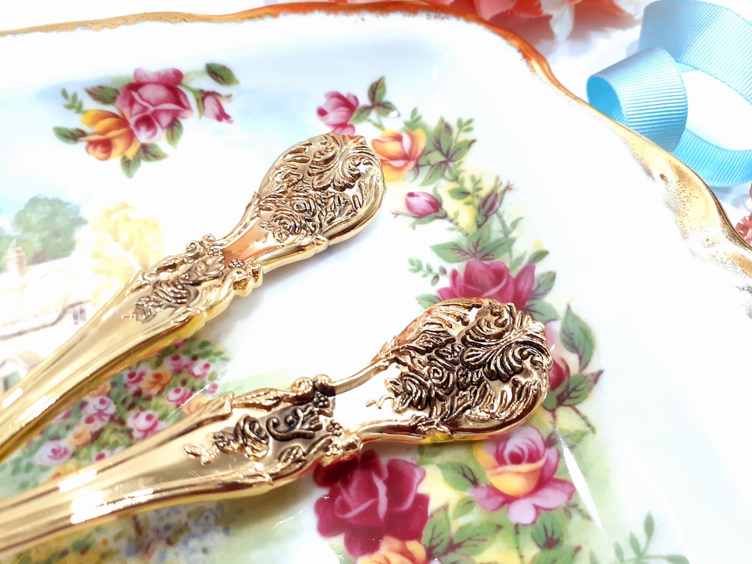 8 Pcs Gold Flatware French Rose Fancy Flatware Teaspoons Dessert Forks ...