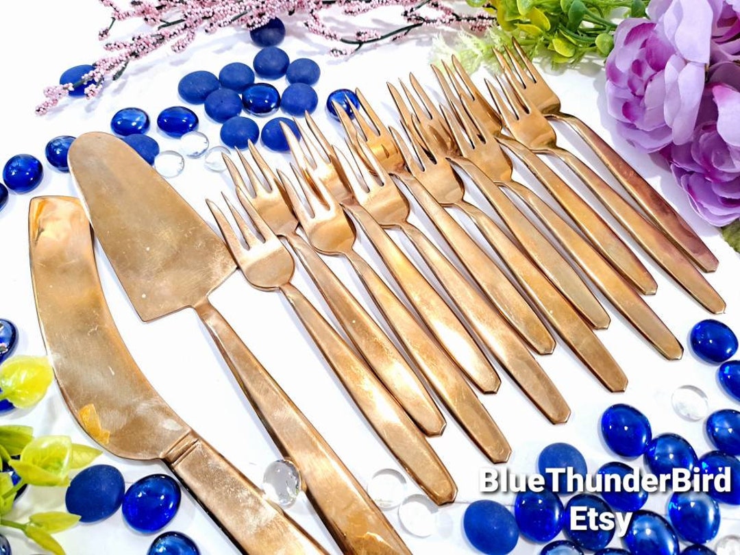 14pc Vintage Midcentury Modern Flatware Dessert Set Brass Bronze ...