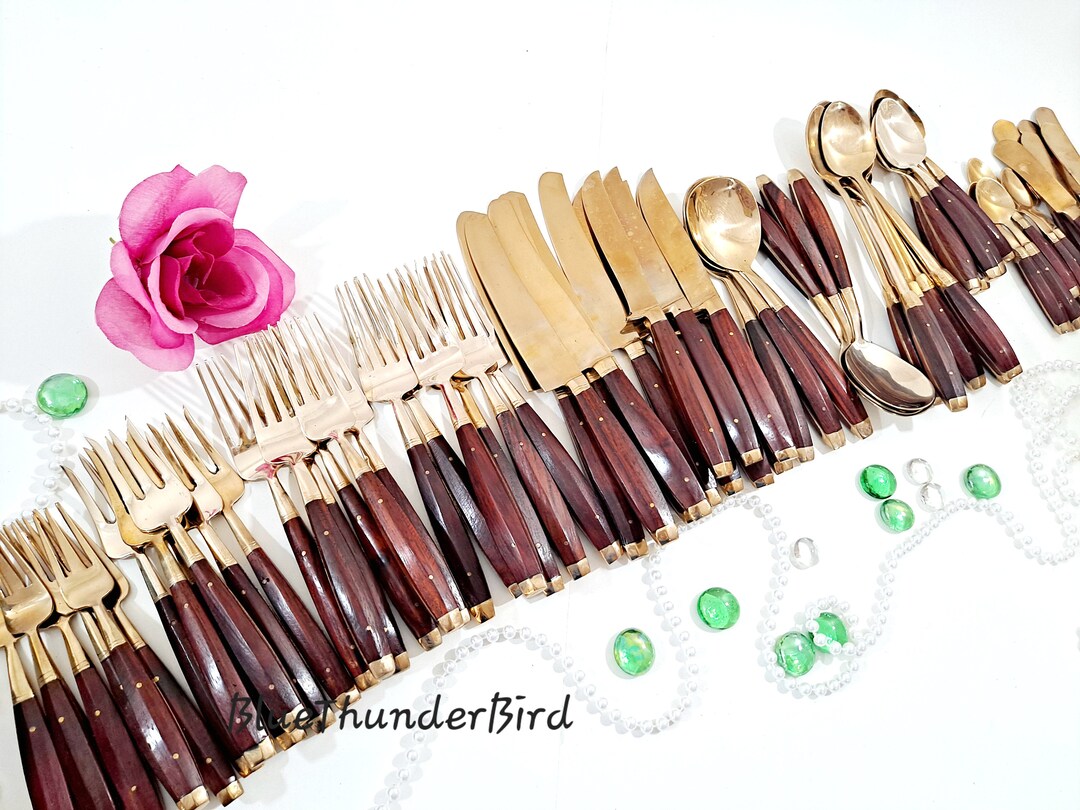 Service for 6 Vintage Mid-century Modern Flatware Brass and Wood Flatware and Teak Flatware ...